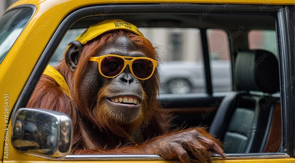 An orangutan sits in a car, in the front seat, wearing glasses. Monkey ...