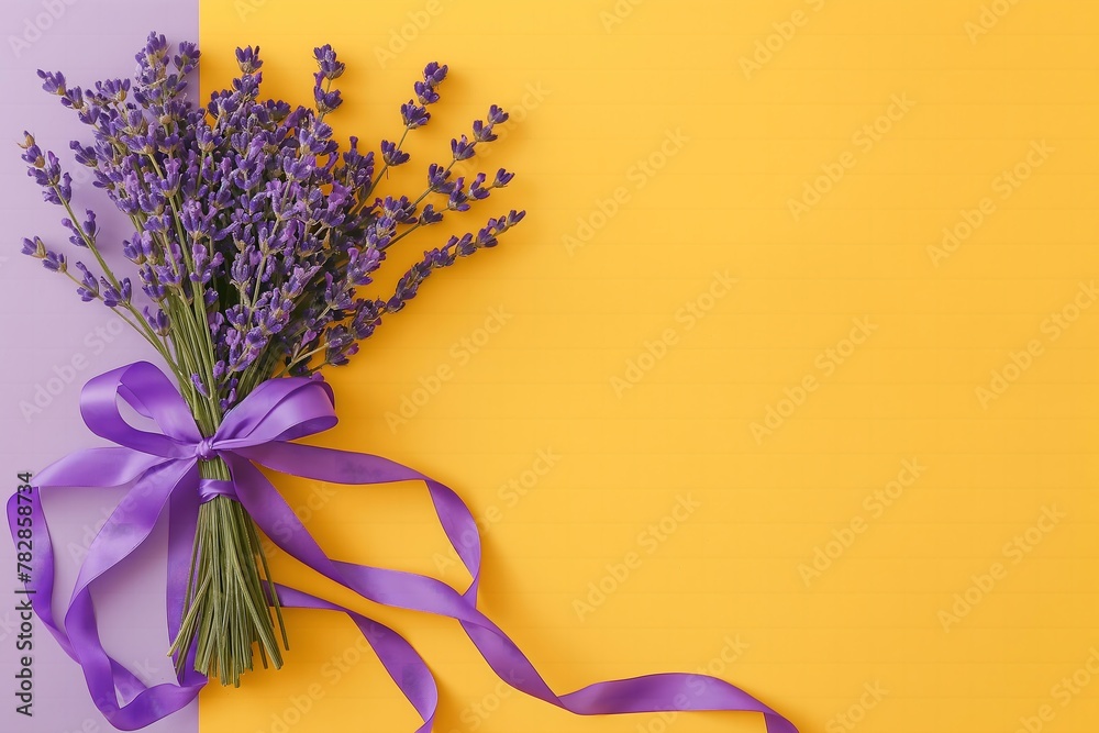 Elegant lavender arrangements with ribbon on lavender-yellow backdrop ...