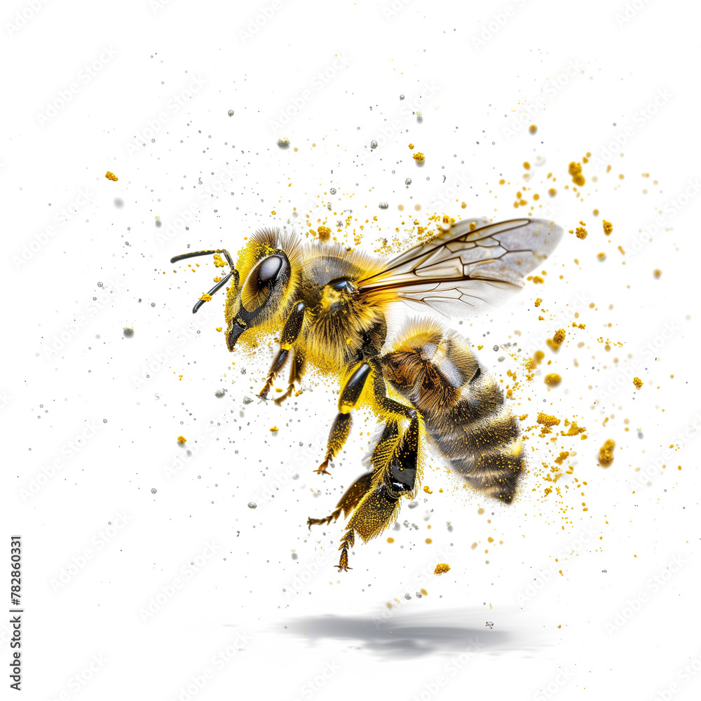 Bee's golden bounty: A hyper-realistic close-up of a bee in flight ...
