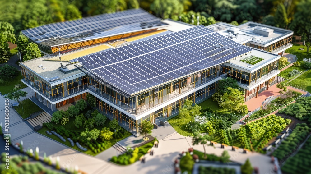 school building with large solar panel arrays, a rainwater collection ...