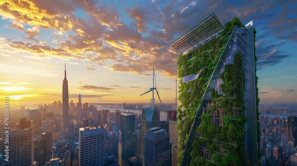 A sleek, modern eco-friendly skyscraper with a green living wall ...