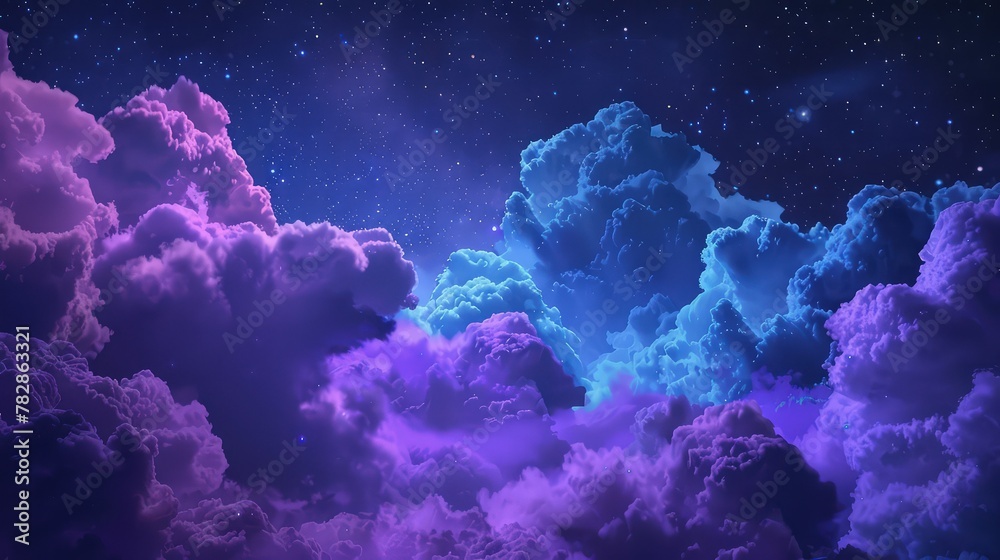 A surreal night sky with clouds in shades of neon purple and blue ...