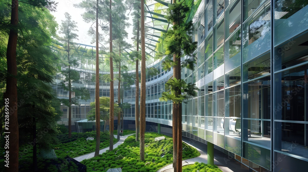 An innovative office structure with a curved glass exterior, featuring ...