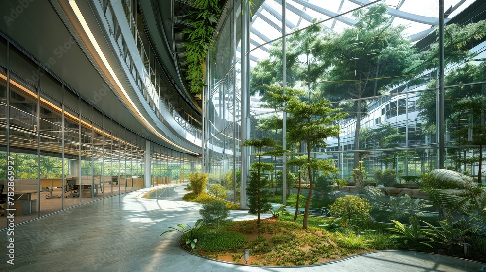 An innovative office structure with a curved glass exterior, featuring ...