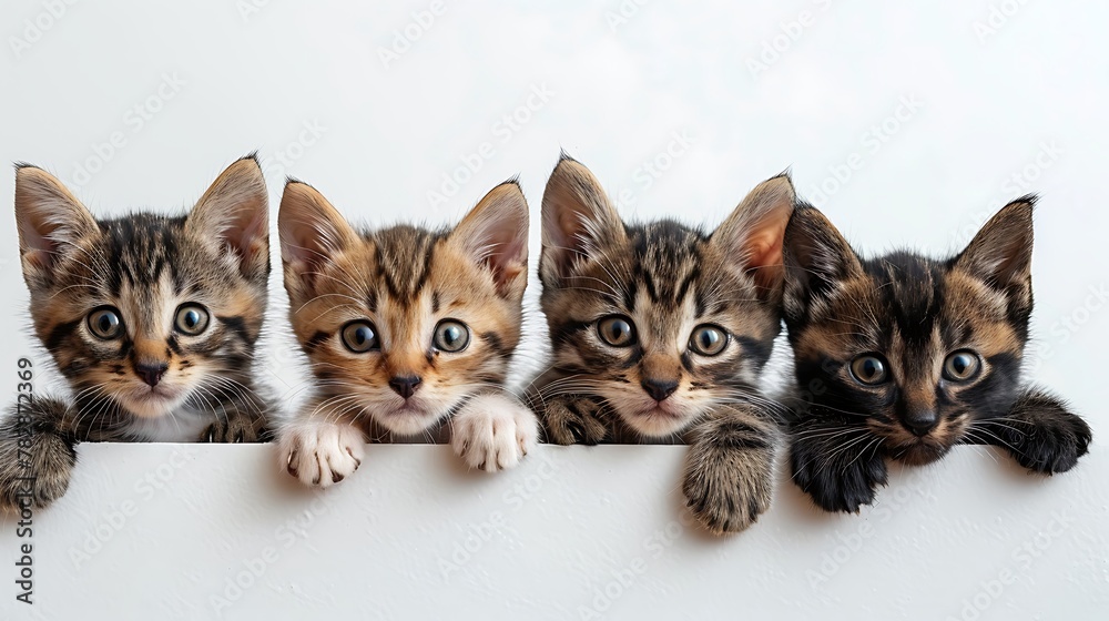 Four adorable kittens peeking over a white ledge with curious ...
