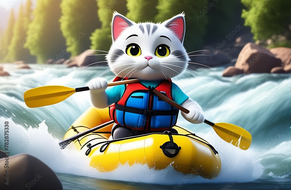 Cartoon cat paddling, rafting on inflatable boat on stormy mountain ...