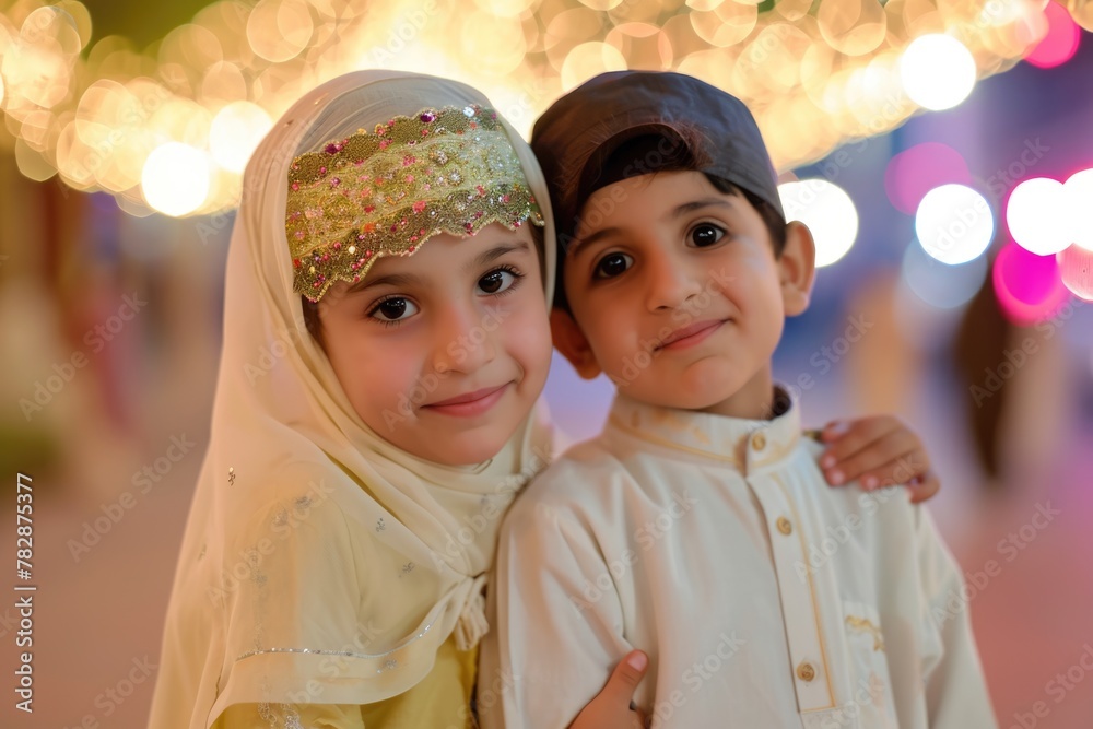 Islamic attire for children- Cute muslim boy and girl embracing during ...