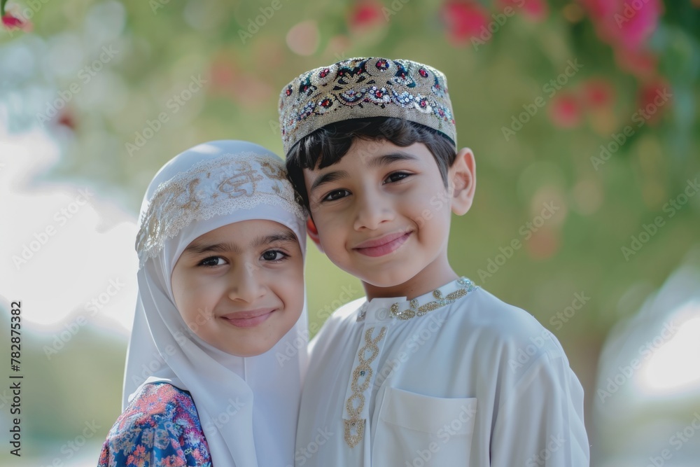 Islamic attire for children- Cute muslim boy and girl embracing during ...