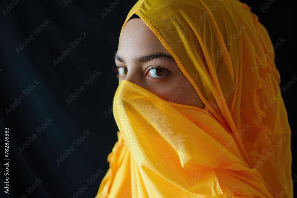 an Arabian woman wearing a yellow Muslim headscarf, also known as a ...