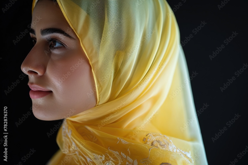 an Arabian woman wearing a yellow Muslim headscarf, also known as a ...