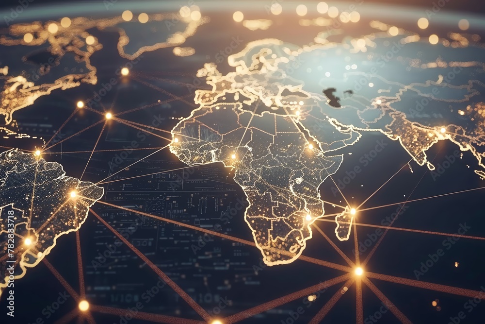 Create an abstract digital map with interconnected nodes and lines representing a global network ...