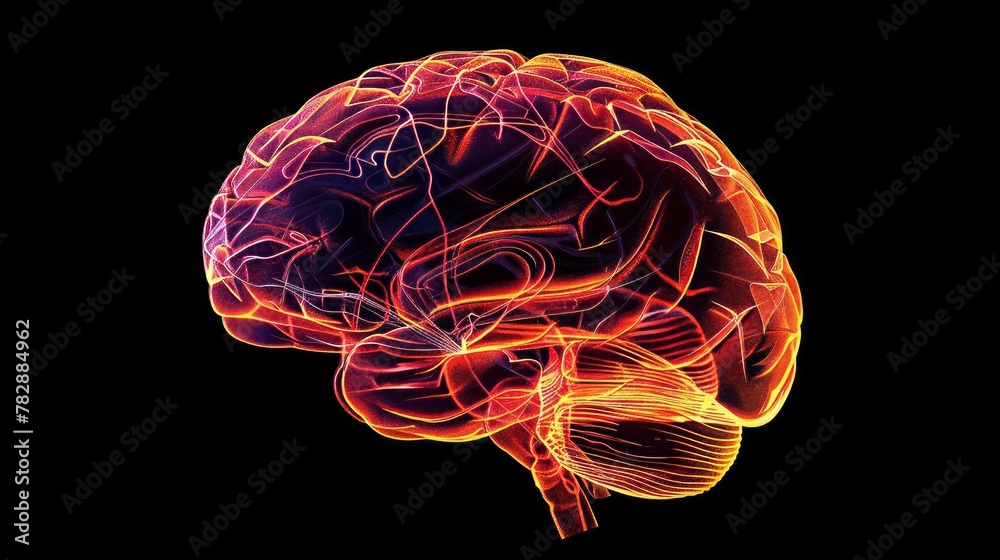 3D x-ray illustration of human brain from side view. The brain in glow ...