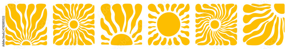 Sun groovy square design elements set. Various yellow floral hippie ...