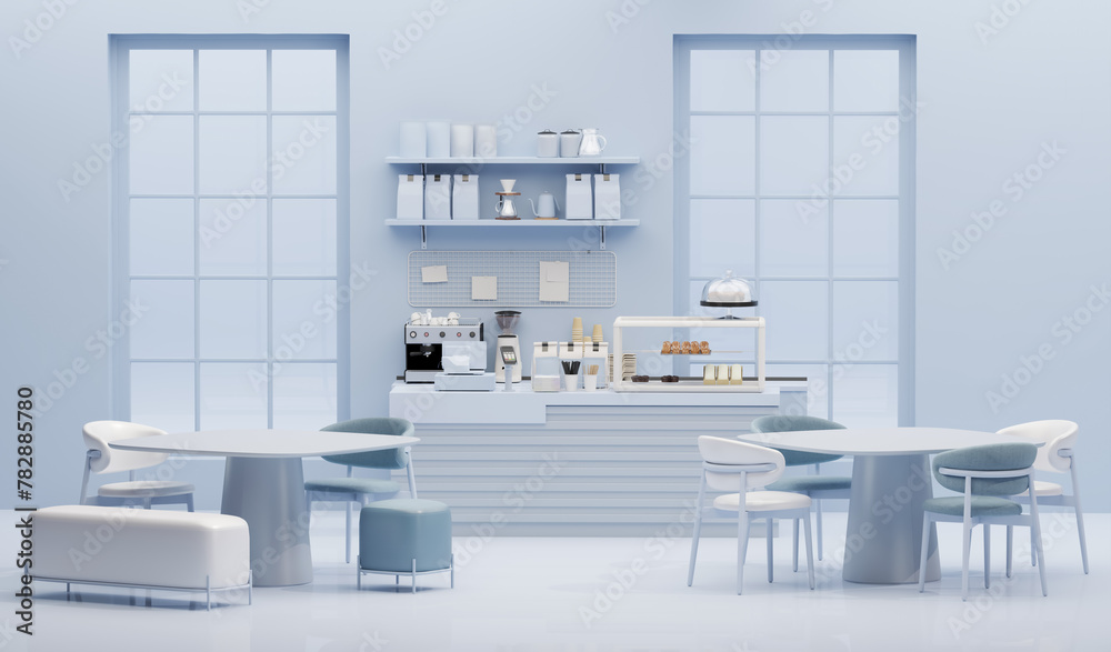 3D render modern white and blue style cafe counter with big window ...