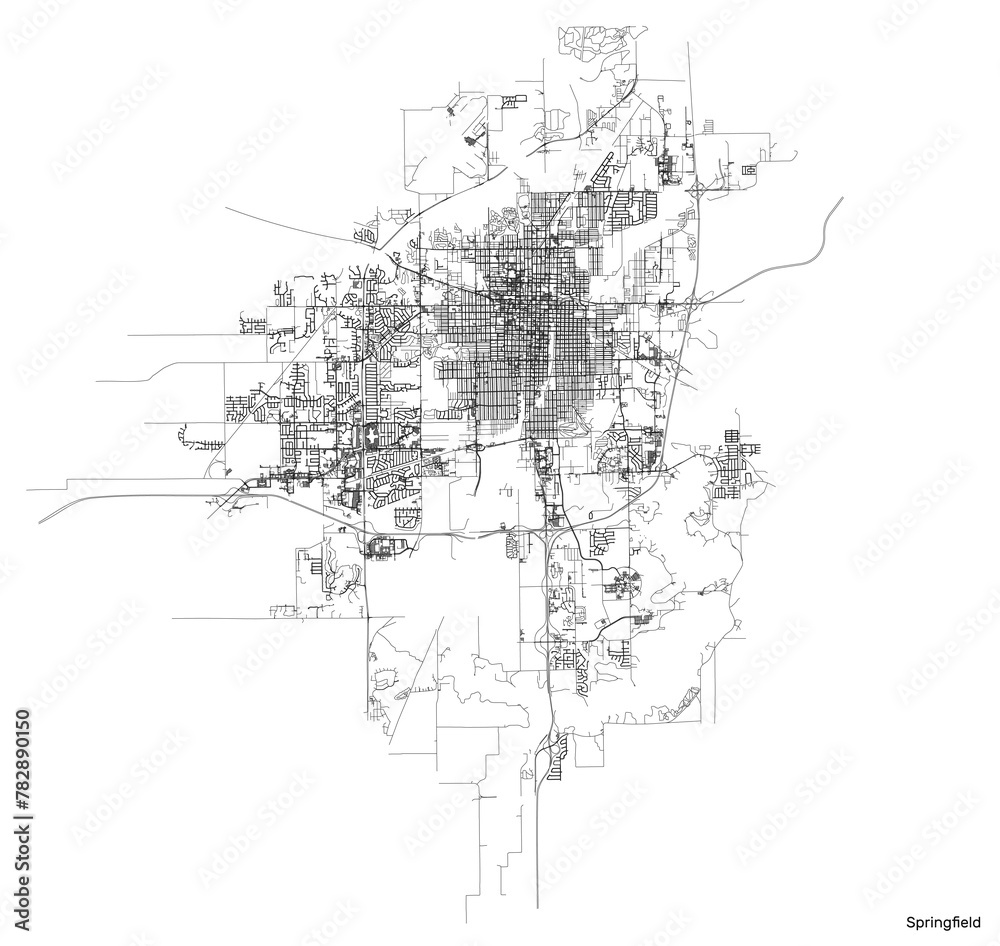 Springfield city map with roads and streets, United States. Vector ...