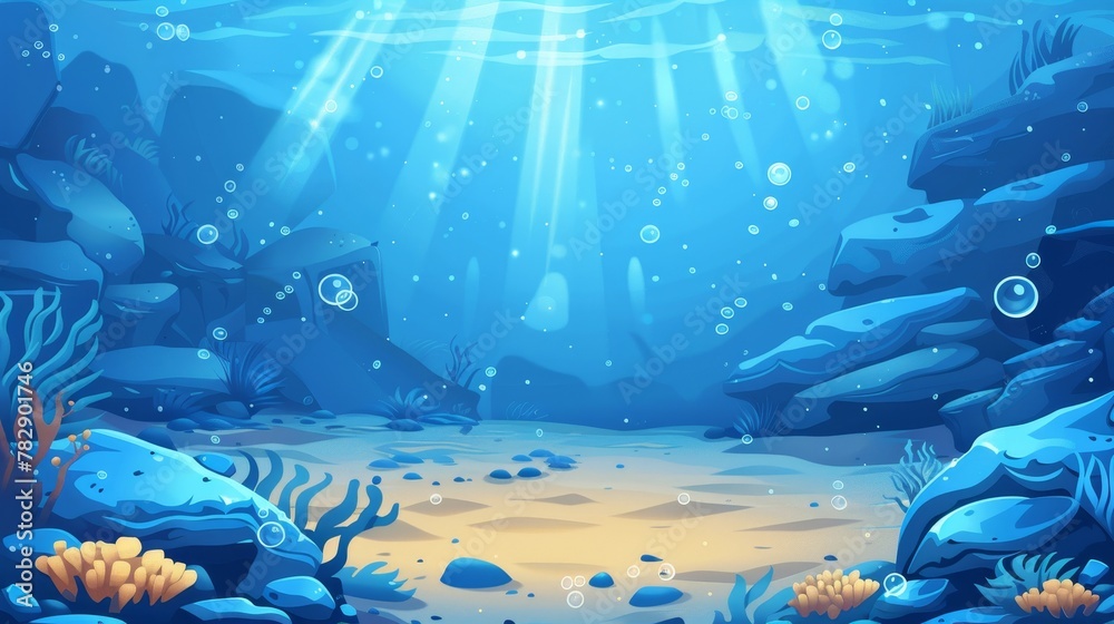 The underwater scene depicts an empty sandy bottom with seaweeds ...