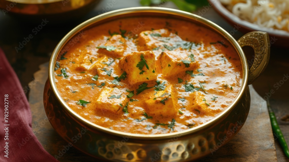 Homemade Spicy Indian Cheese Curry (Shahi Paneer) served in brass bowl ...