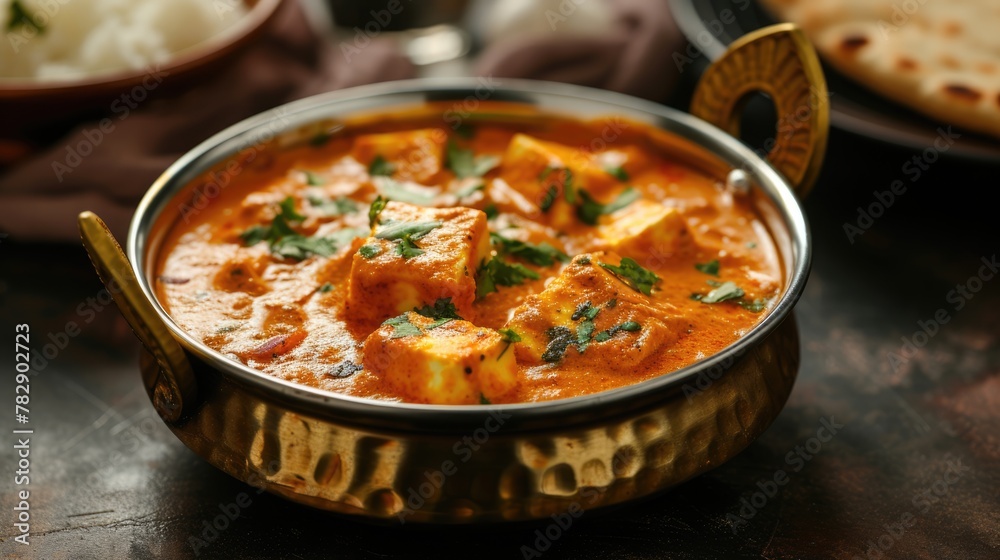 Homemade Spicy Indian Cheese Curry (Shahi Paneer) served in brass bowl ...