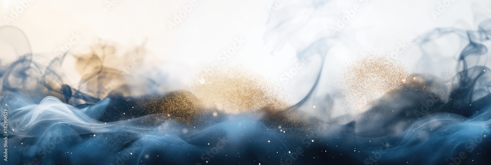 Shimmering gold dust and blue smoke background panorama for artistic ...