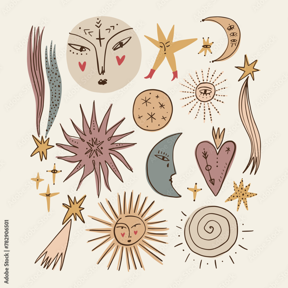 Vintage stylish freaky cool funny doodle stellar characters. Hand-drawn ...