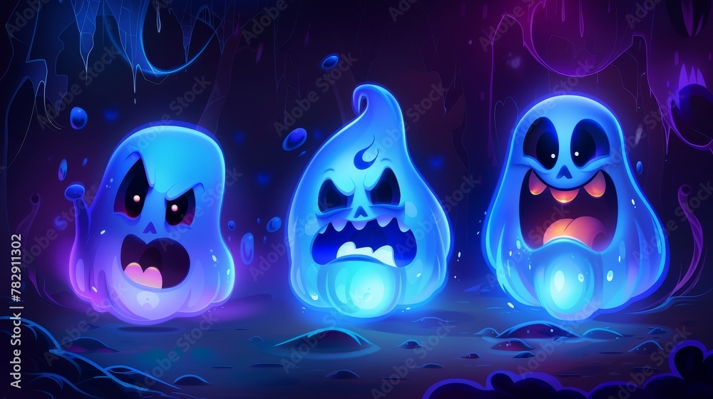 Funny ghost cartoons. Spooky spirits characters acting funny emojis ...