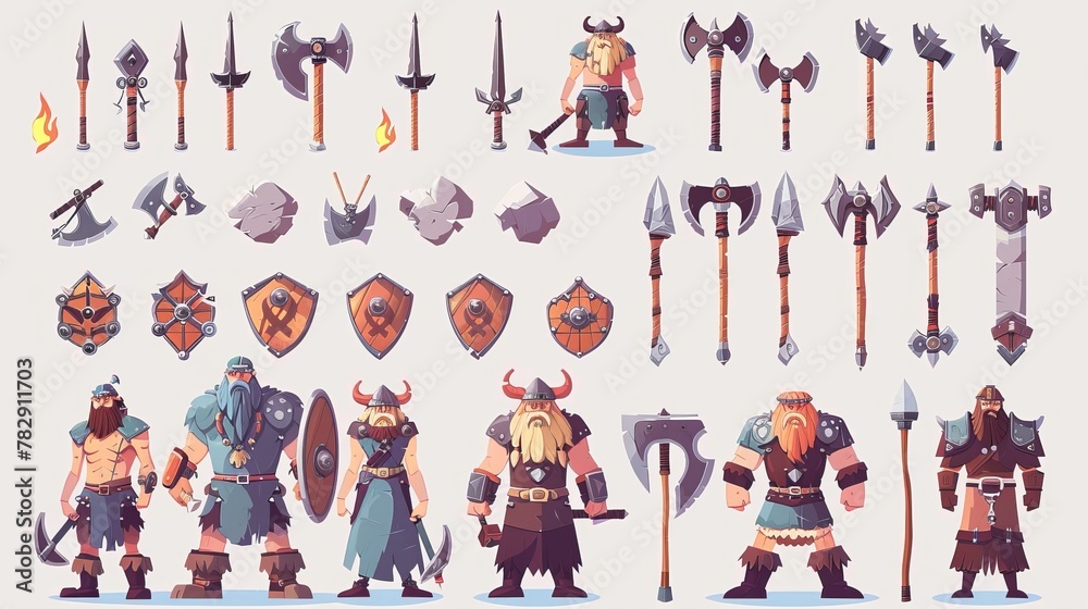Modern illustration of a cartoon viking with different weapons. Axe ...