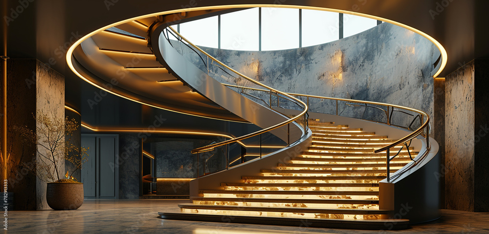 a winding staircase leading to a contemporary, minimalist, huge hall ...