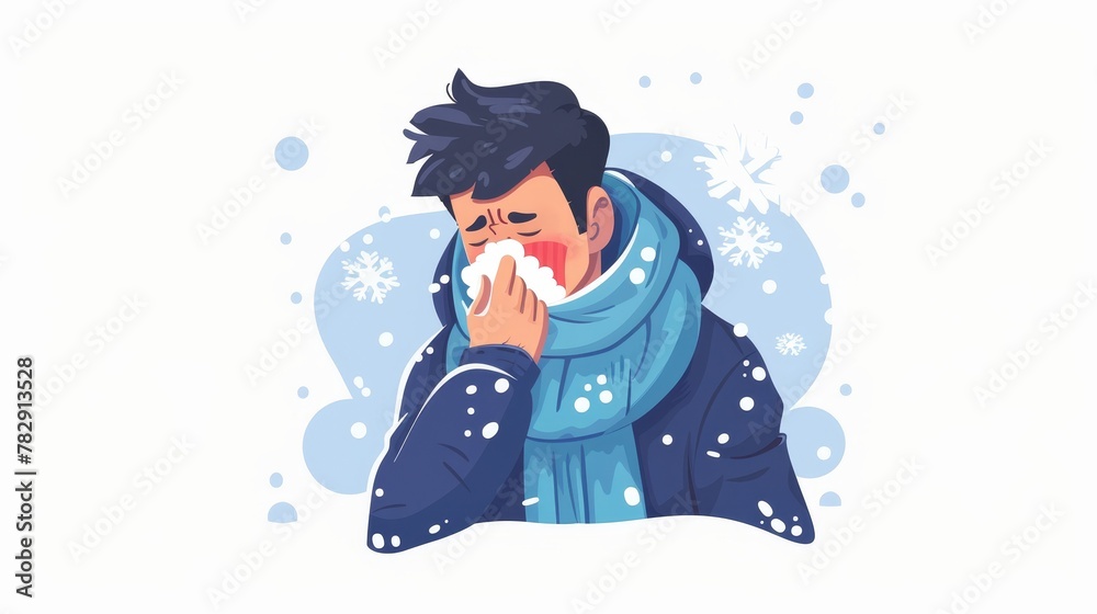 Modern illustration of a sick person with a cold, flu, allergies ...
