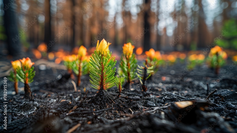 A fire-adapted ecosystem begins its recovery, new life sprouting from ...