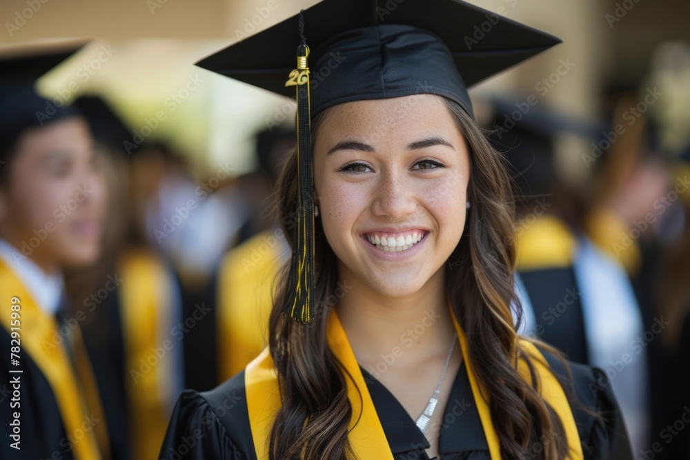 Beautiful female college graduate smiling in front, wearing a black and ...