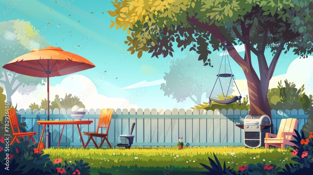 House patio with fence, furniture for picnic with barbecue, green grass ...