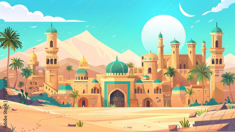 Modern cartoon illustration of a sandy area with traditional yellow ...