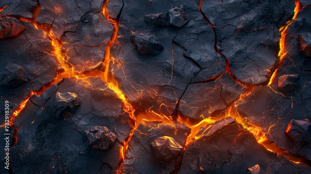 Ground texture of volcanic lava cracks. Horizontal view of broken earth ...
