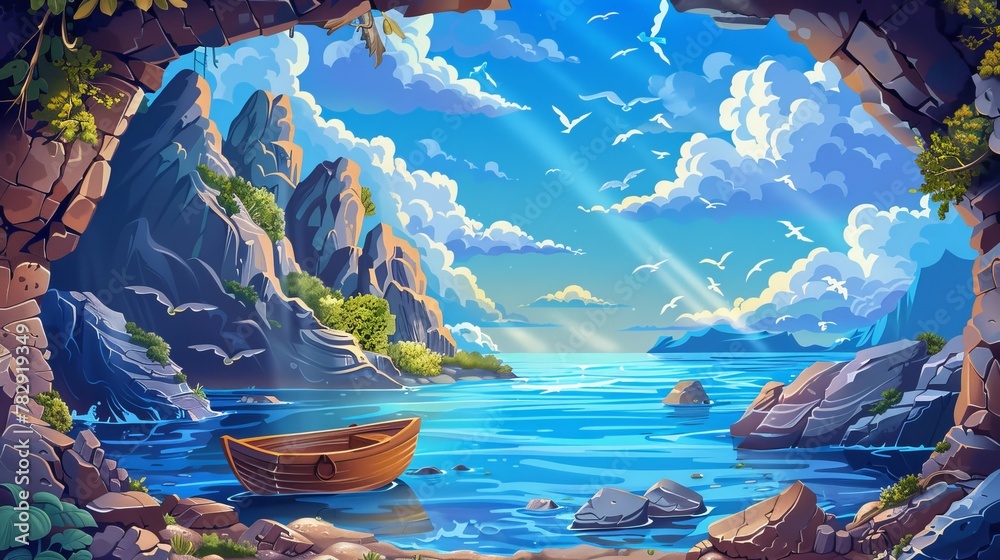 Cartoon illustration of a sea landscape with a cave and boat. View of ...