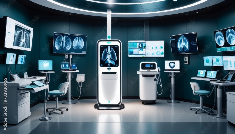 A futuristic medical imaging room equipped with sophisticated ...