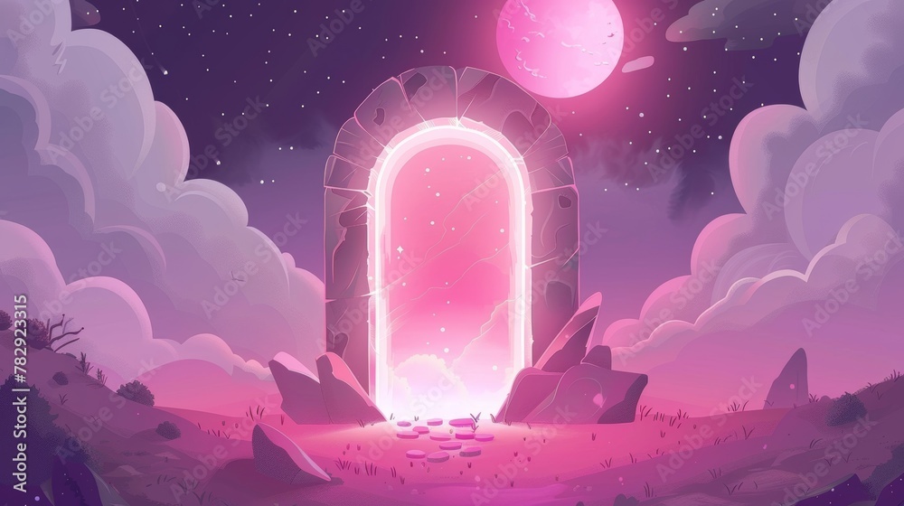 This cartoon modern dreamscape with magical stone door that glows pink ...