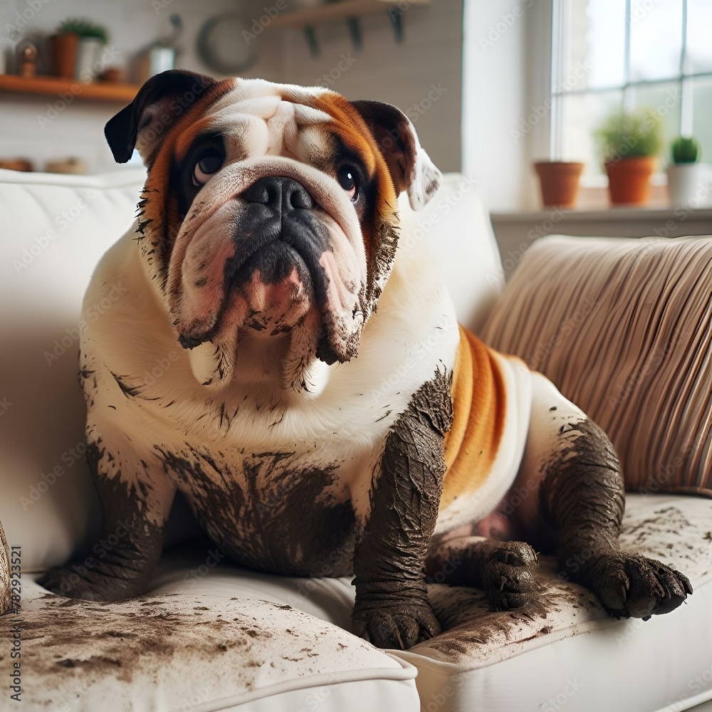 AI generated illustration of An elderly bulldog in mud sitting on a ...