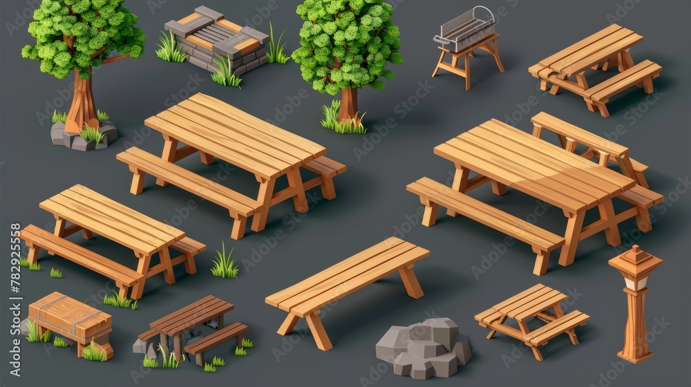 This is a 3D isometric picnic table with wooden bench garden outdoor ...