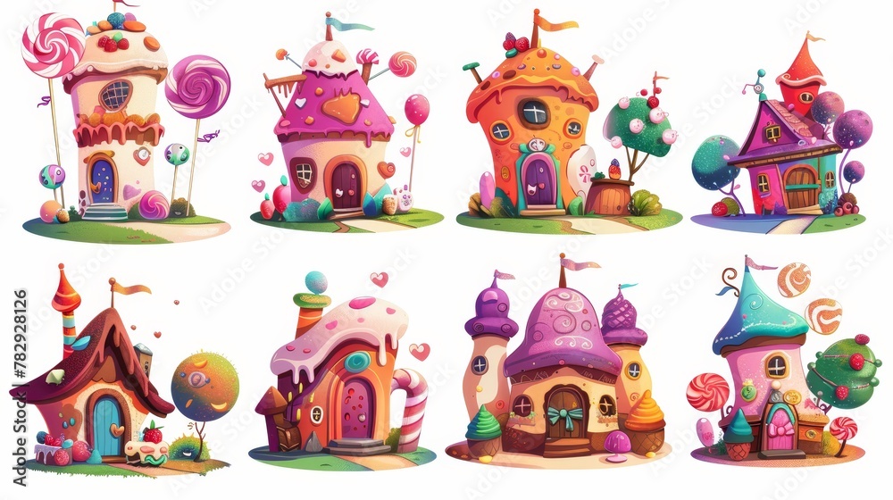 Cartoon modern illustration set of cute fantasy dessert houses for ...
