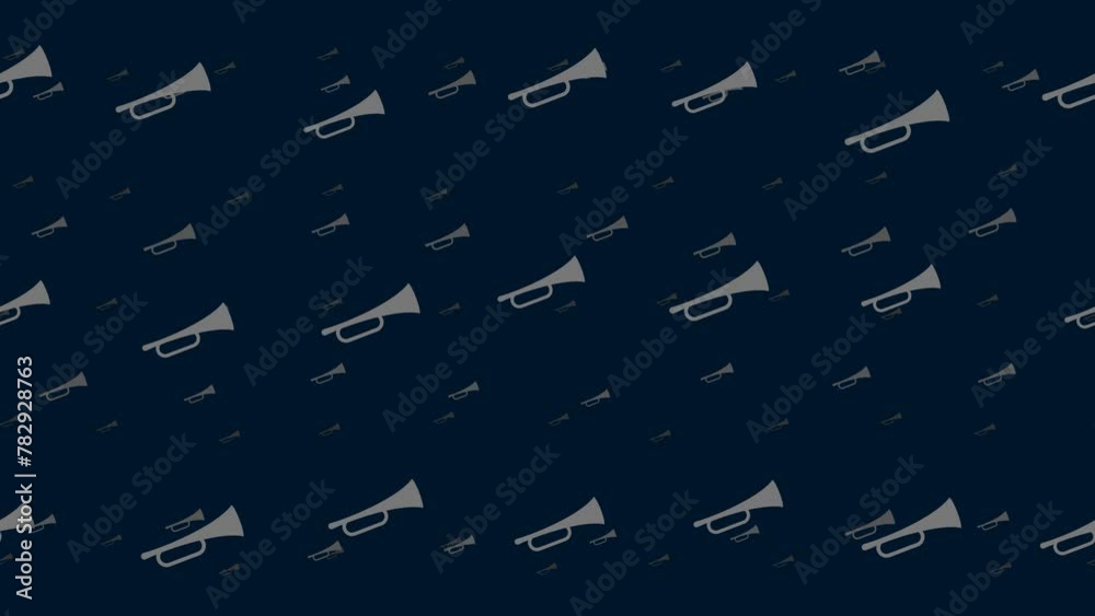 Trumpet symbols float horizontally from left to right. Parallax fly effect. Floating symbols are ...