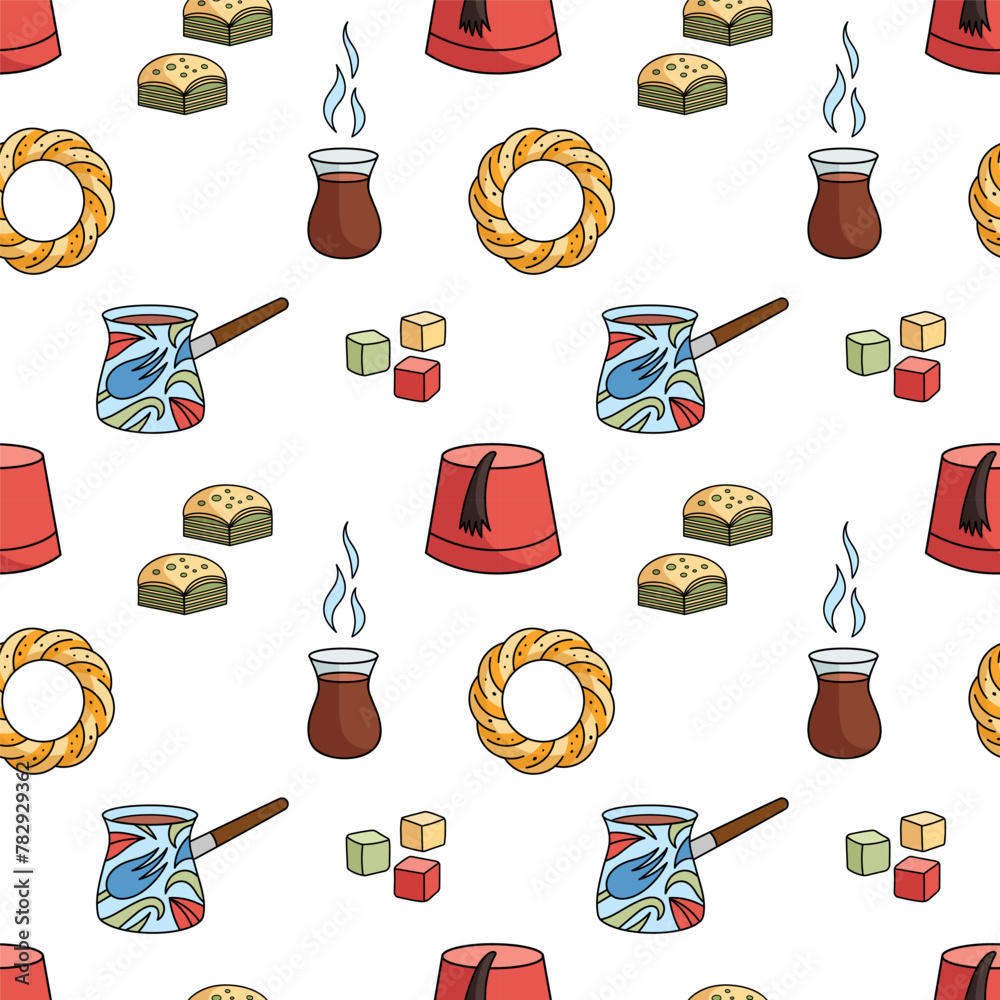 Seamless pattern with Turkish Turkish traditional tea party, coffee ...