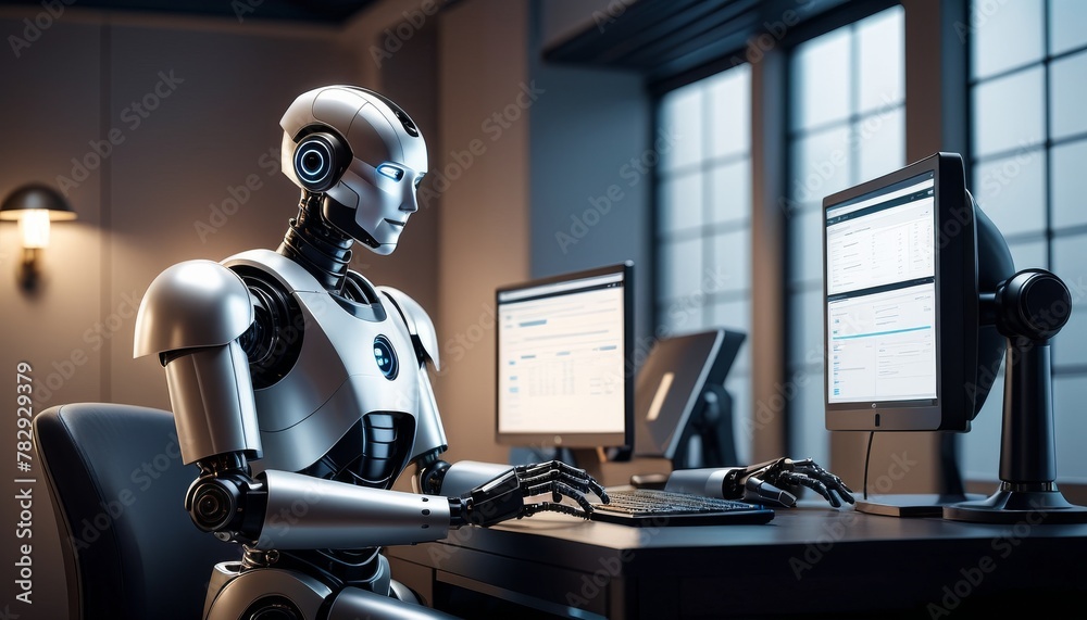 A humanoid robot sits at a workstation with dual monitors, representing ...