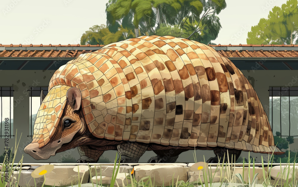 A realistic illustration of a giant armadillo-like creature with a city ...