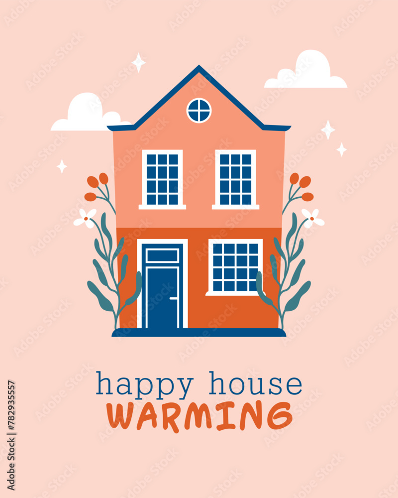 Happy House Warming. Village building, house. Moving to new home ...