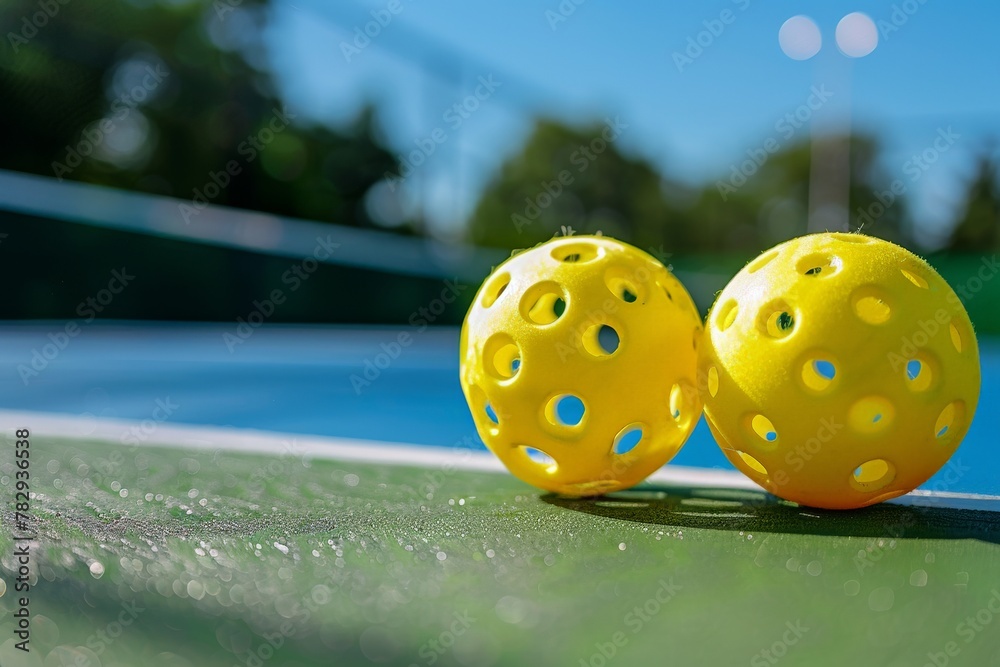 Yellow pickleball ball close-up on a pickleball court, with space for ...