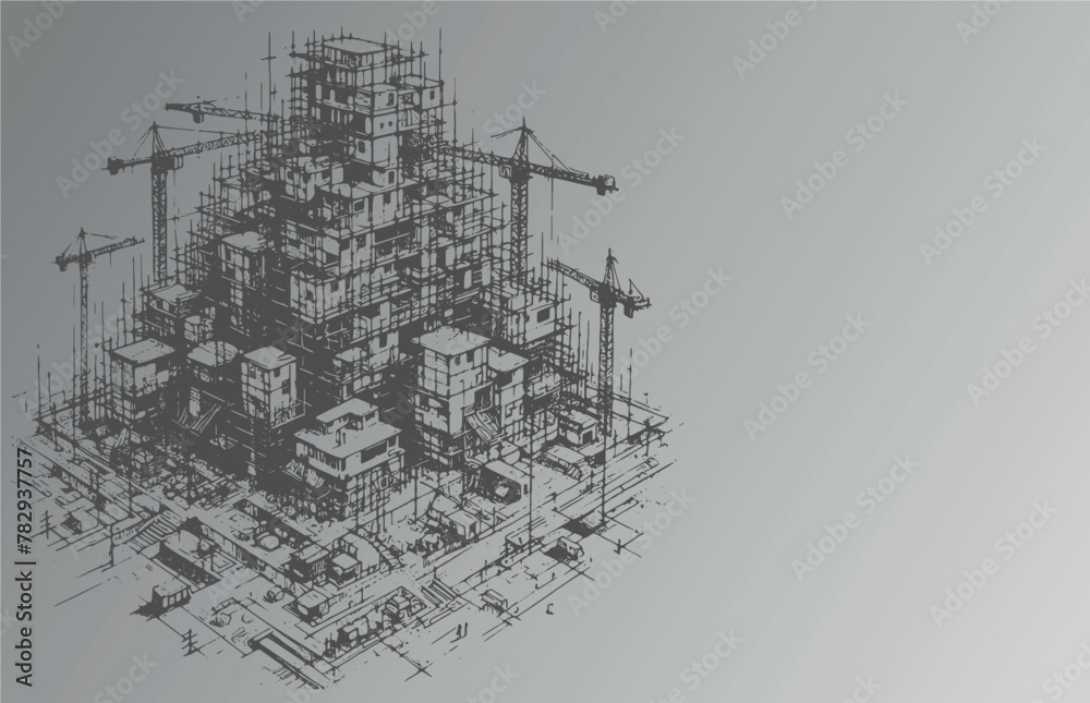 vector sketch style drawing of high rise building construction on light ...