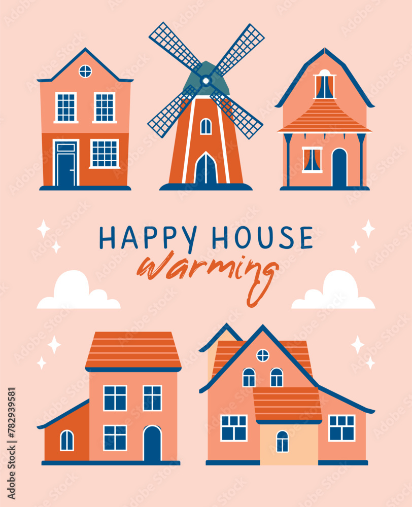 Happy House Warming. Moving to new home concept. Set of village houses ...
