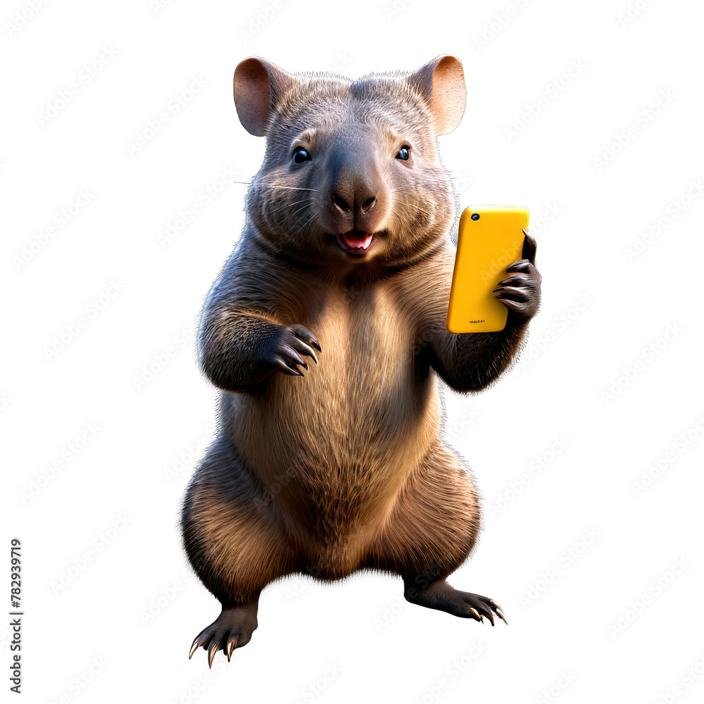 Wombat with a round muscular body and short legs holding a phone in its ...