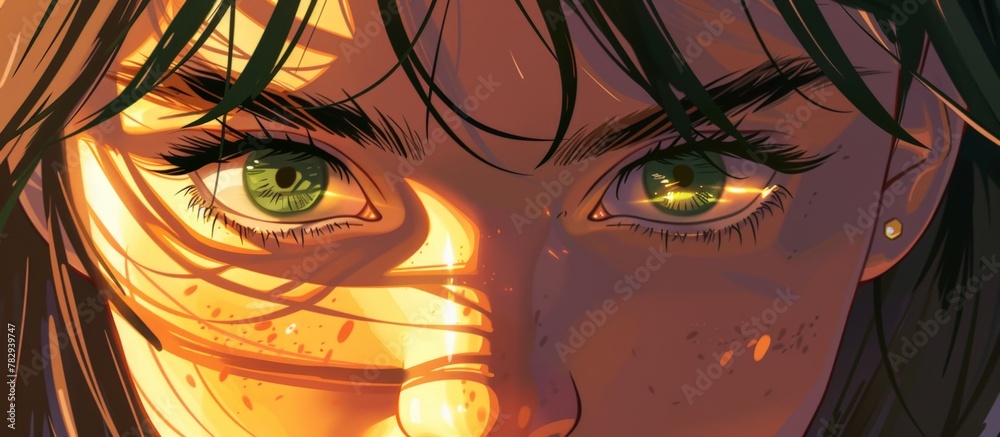 Captivating anime character featuring vivid green eyes intensely ...