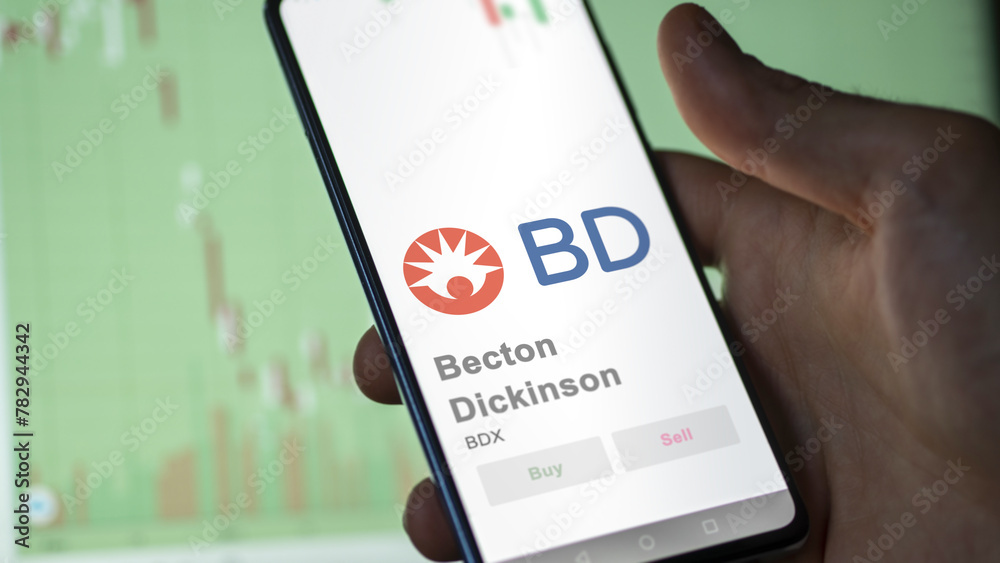 April 09th 2024 , Franklin Lakes, New Jersey. Close up on logo of Becton Dickinson on the screen ...